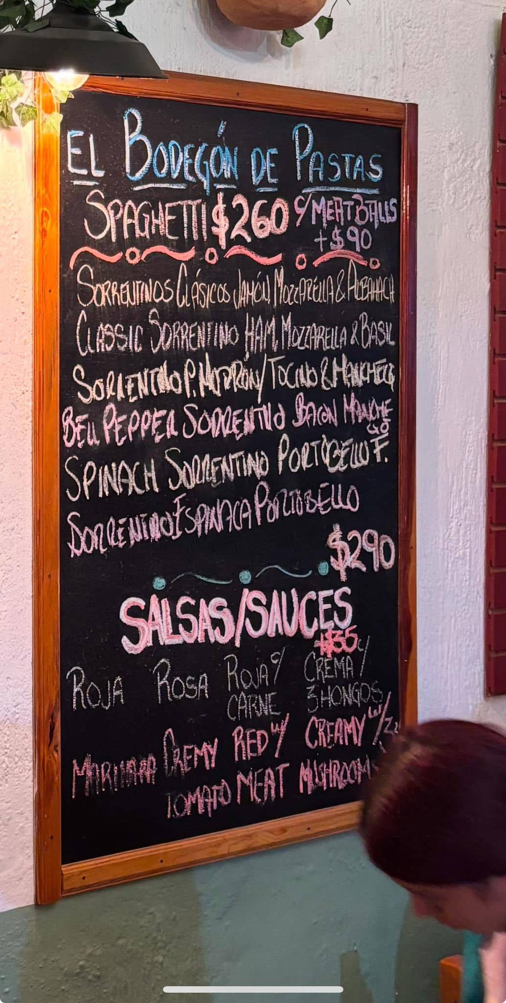 Menu at El Bodegón de Pastas restaurant, Puerto Vallarta