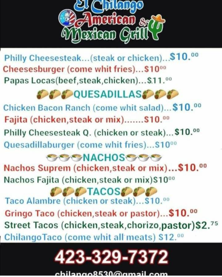 Menu at El Chilango American & Mexican Grill restaurant, Greeneville