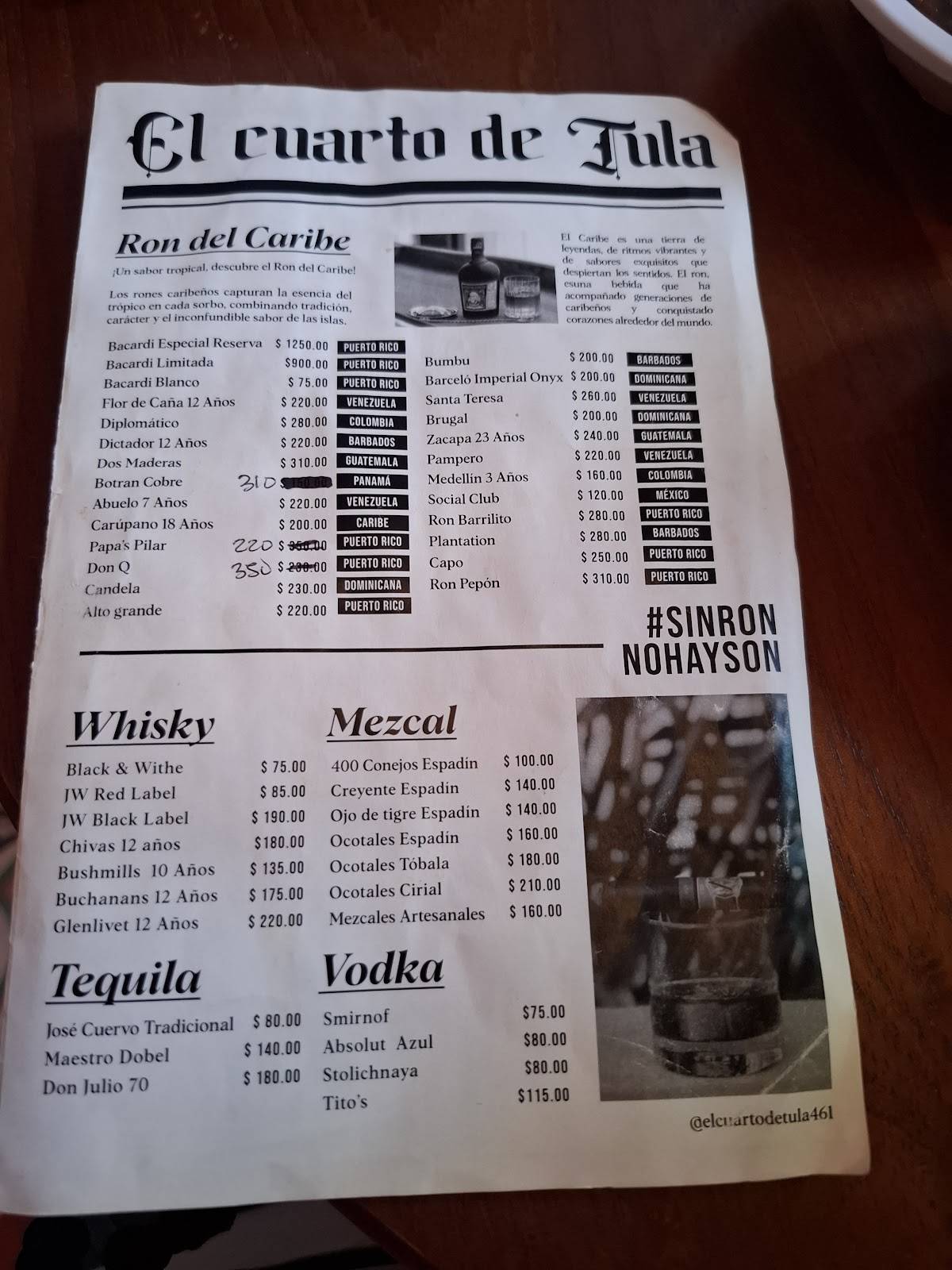 Carta del restaurante El Cuarto del Tula, Merida