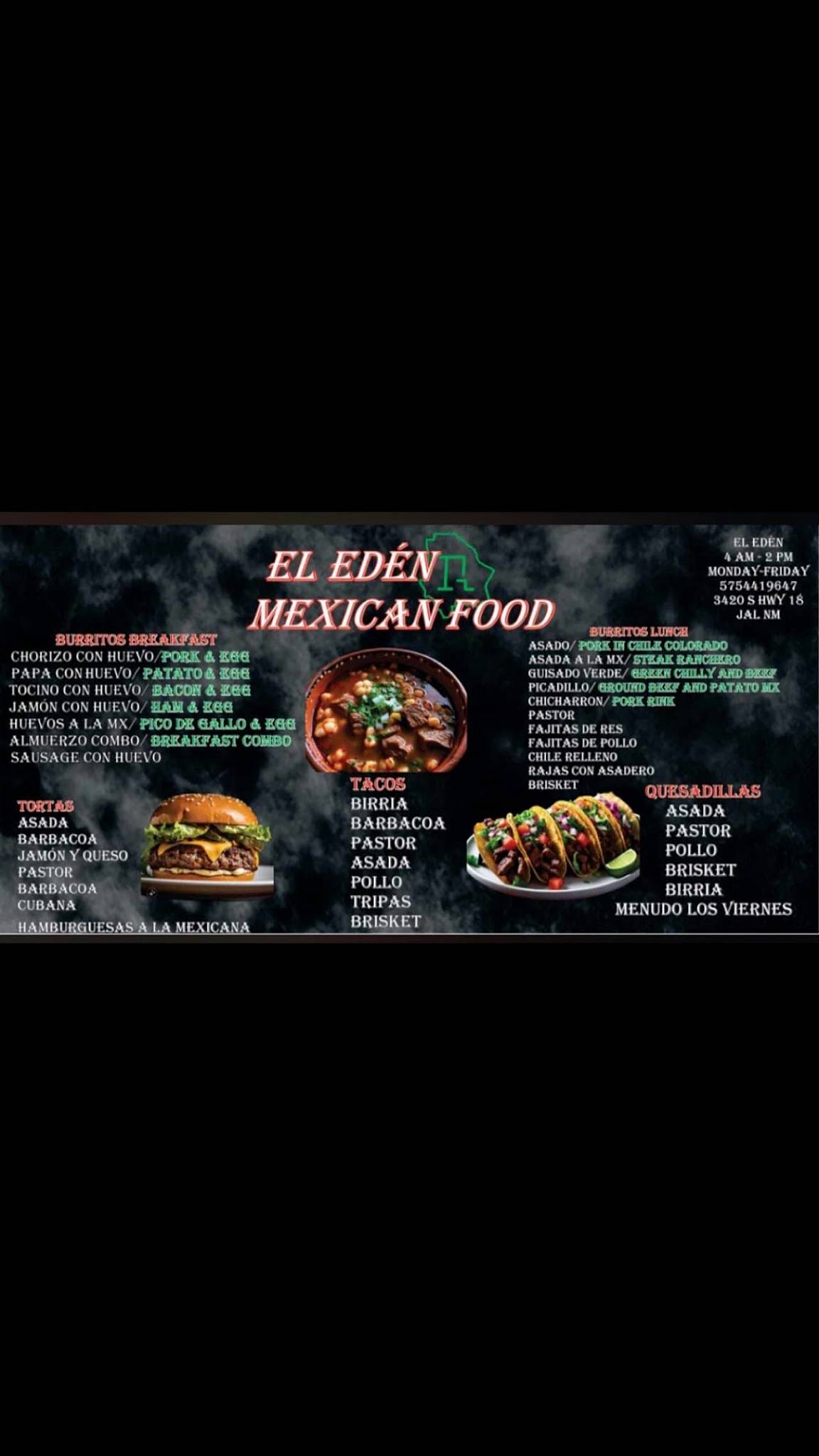 Menu at El Eden restaurant, Jal
