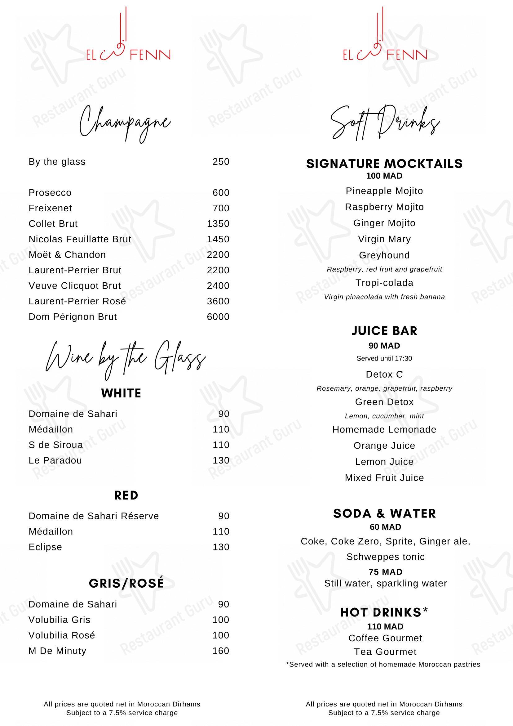 Menu at El Fenn Hotel, Restaurant and Rooftop Bar, Marrakesh