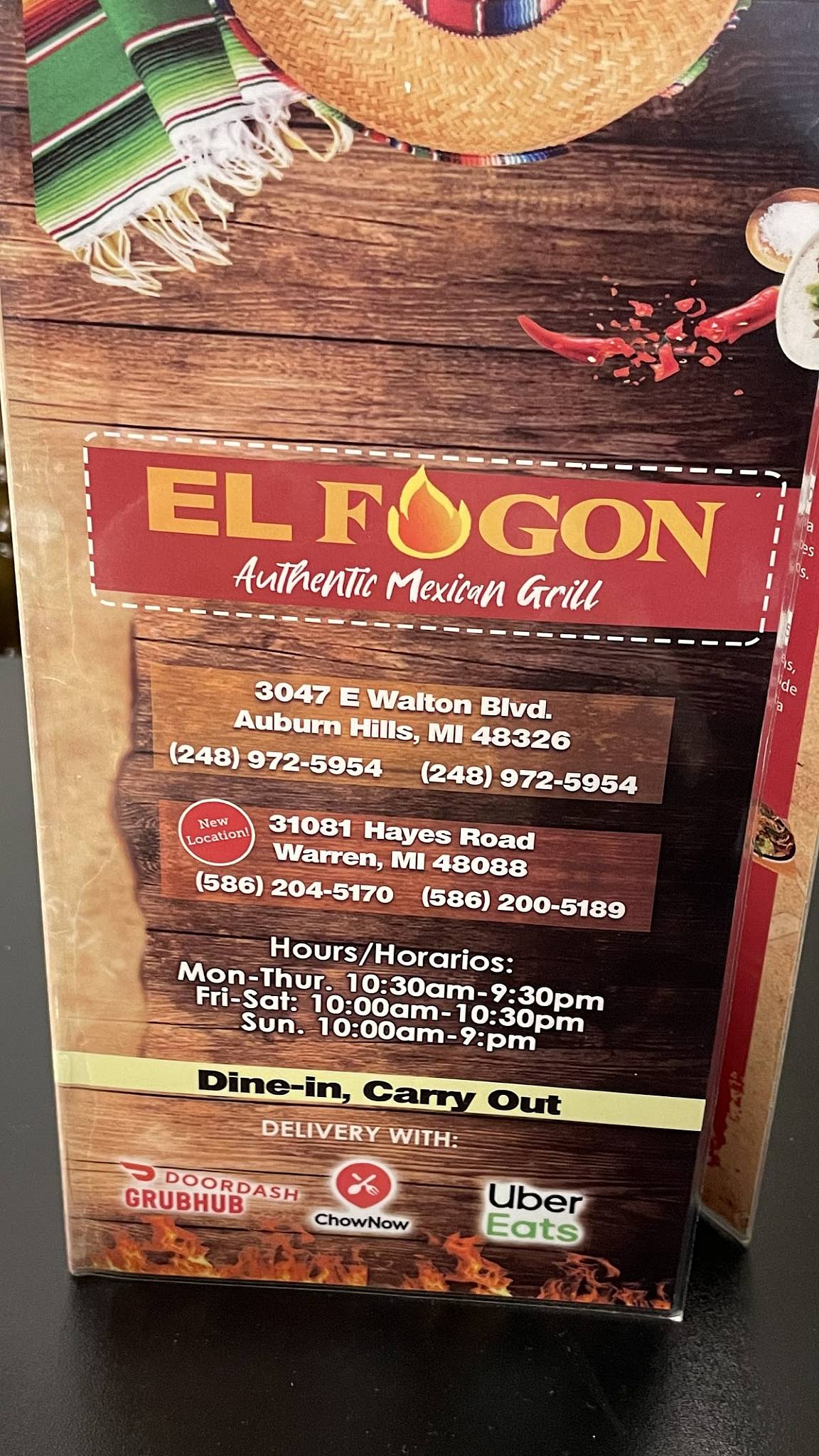 Menu at El Fogon authentic Mexican grill restaurant, Warren