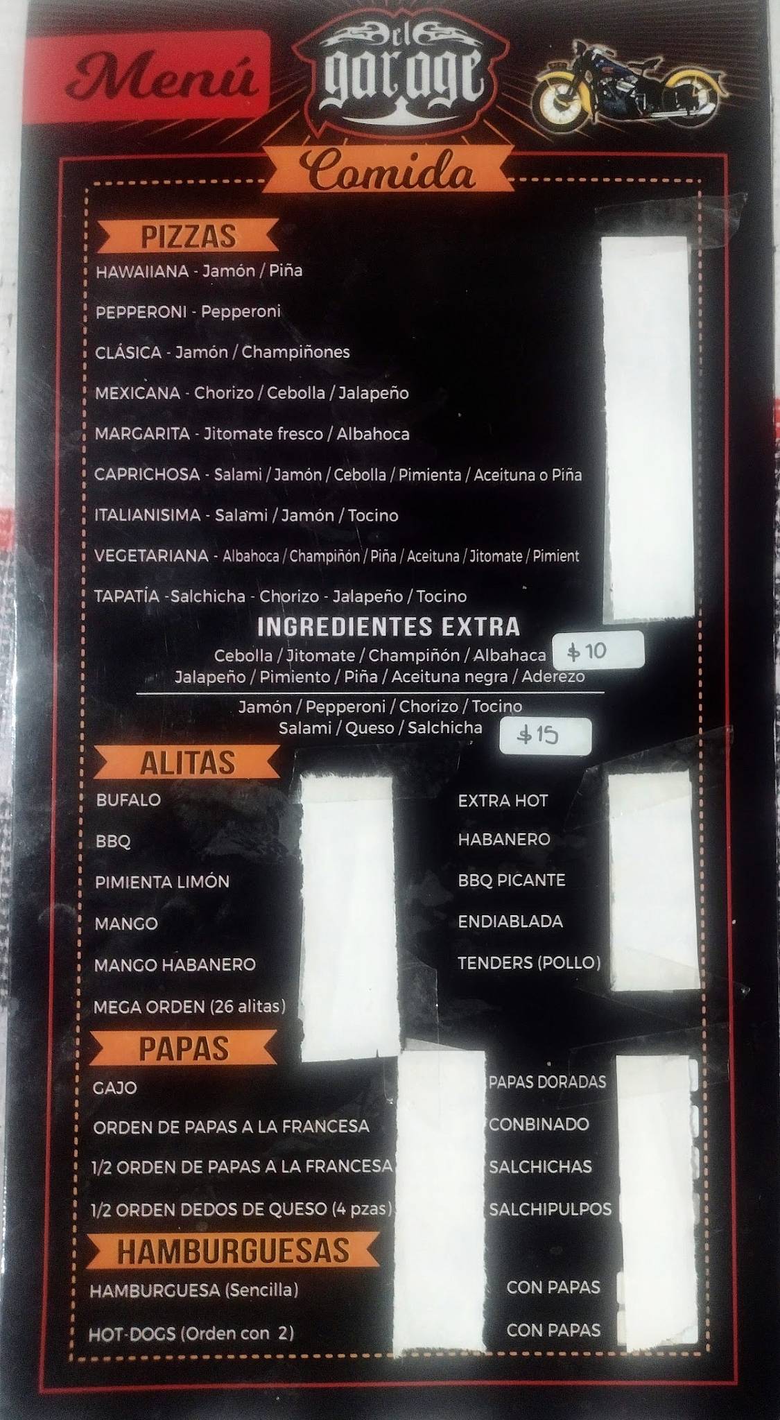 Carta del pub y bar El Garage, Guadalajara, Calz. Independencia Norte 2593