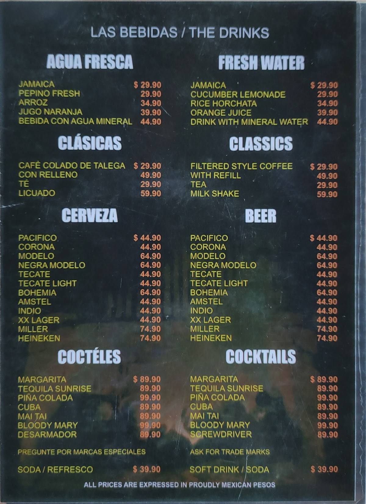 Carta del restaurante El Grill, Loreto
