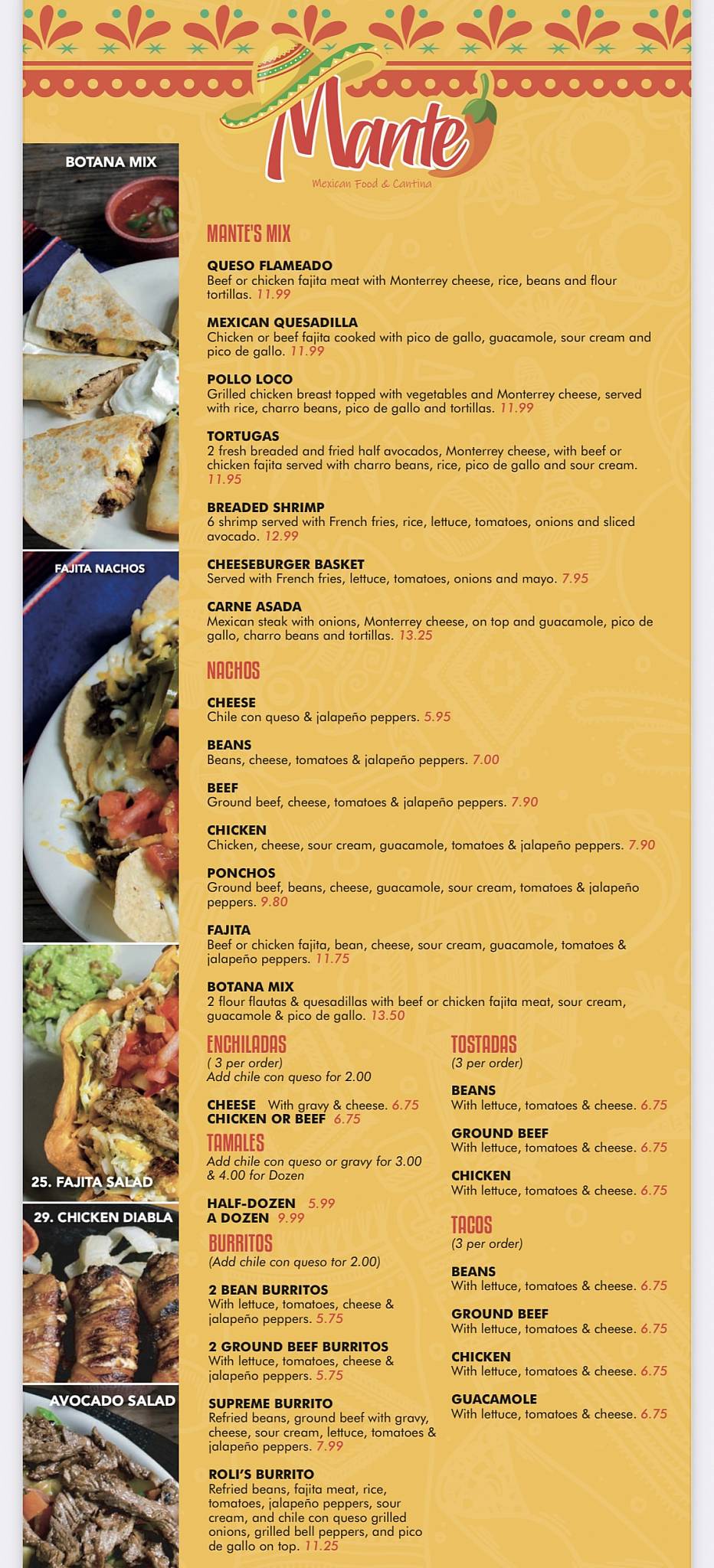 Menu at El Mante restaurant, Onalaska, US-190