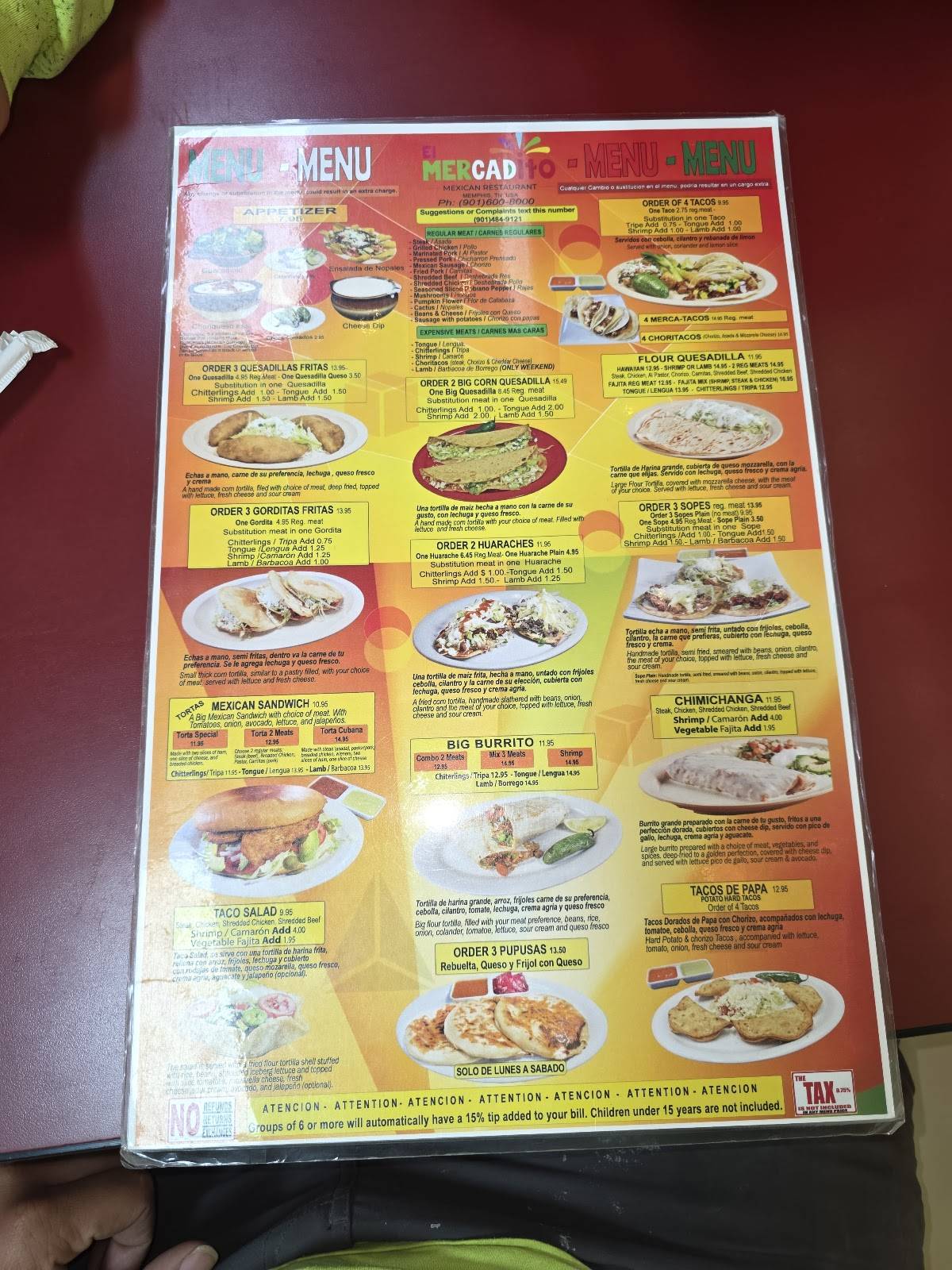 Menu at El Mercadito de Memphis restaurant, Memphis, Ridgeway Rd
