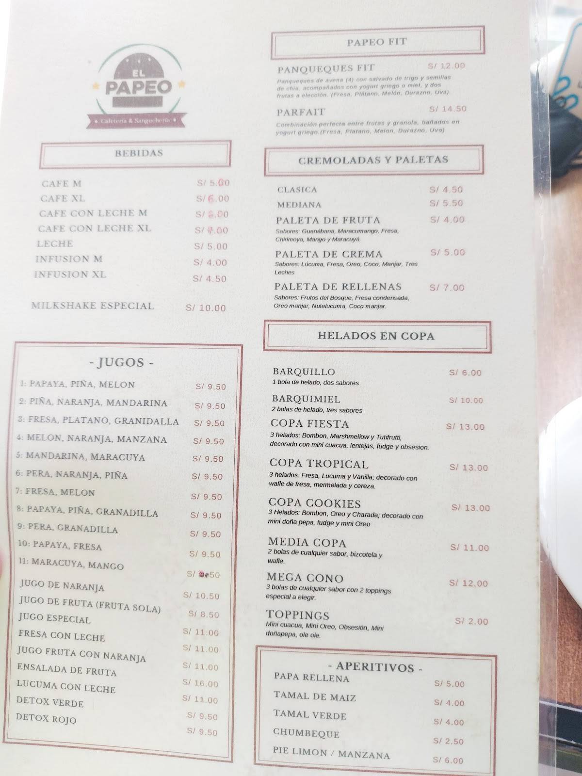 Carta de El PAPEO - Cafetería y Sangucheria, Piura