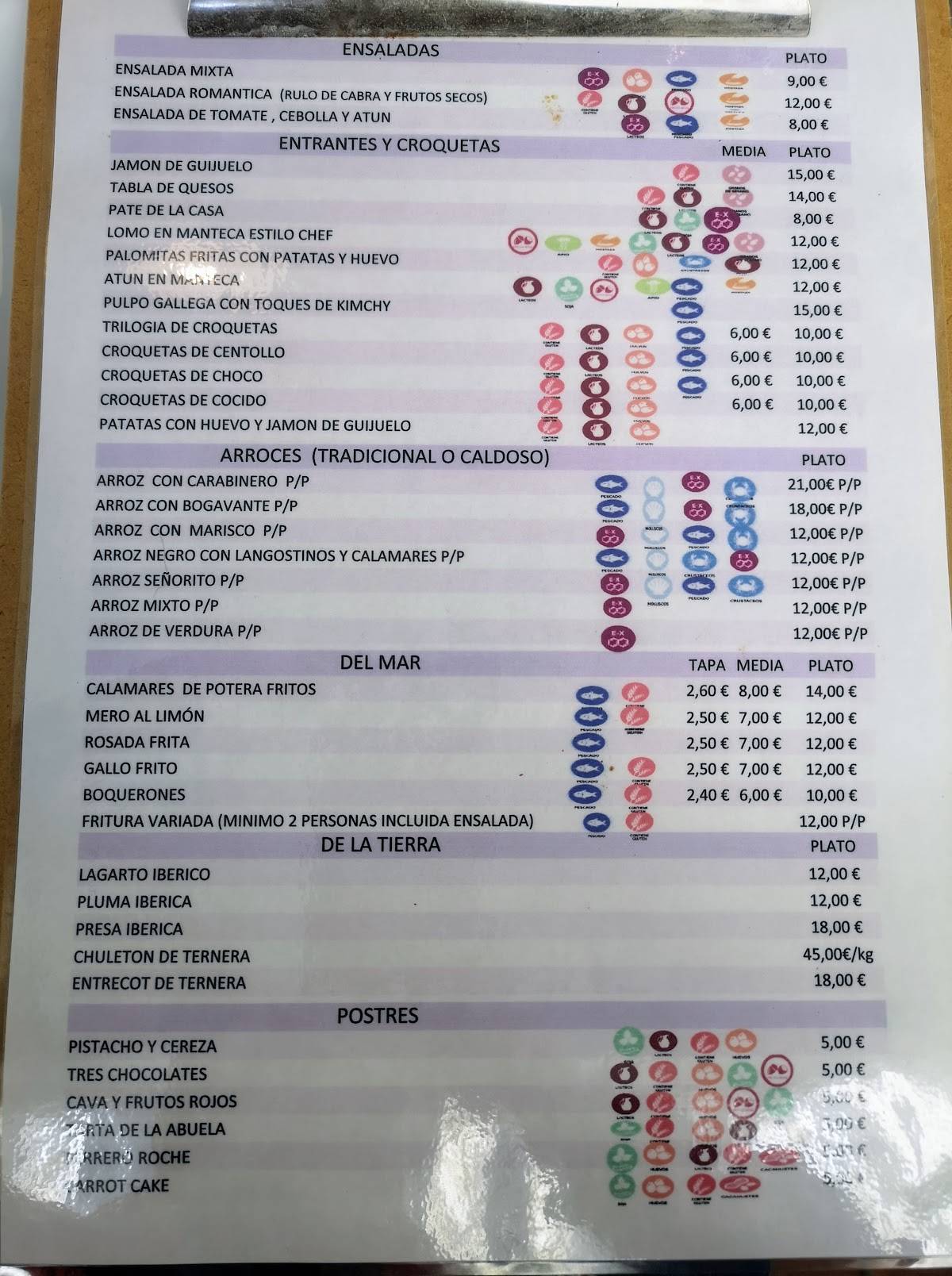 Carta de Restaurante El Pantalán, La Línea de la Concepción