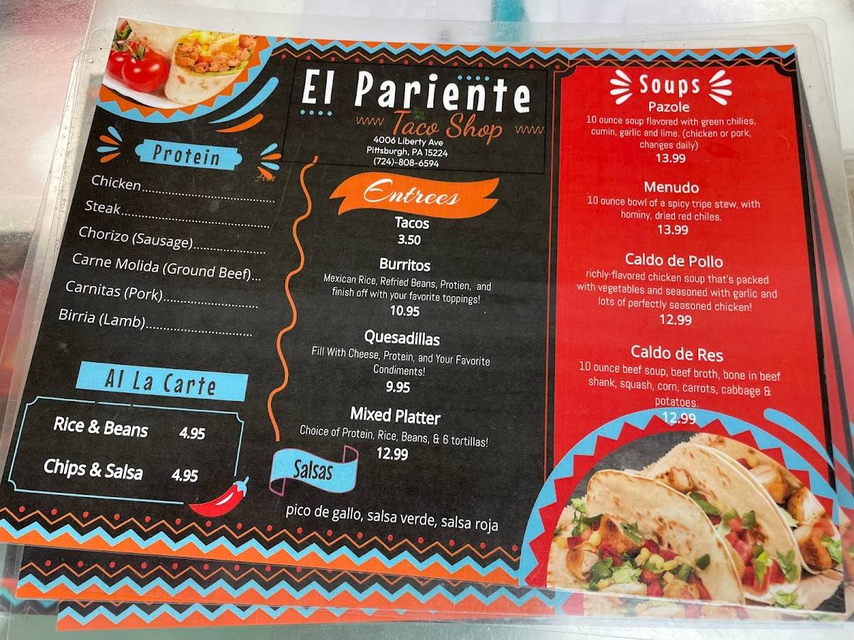 Menu at El Pariente Taco Shop restaurant, Pittsburgh
