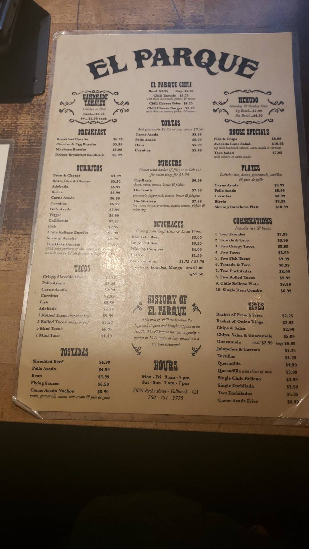 Menu at El Parque restaurant, Fallbrook, Reche Rd