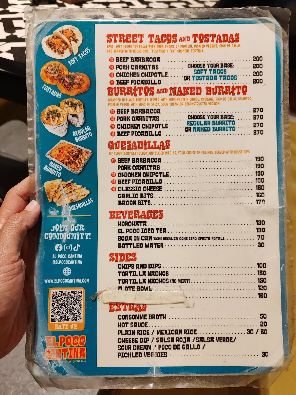 Menu at El Poco Cantina restaurant, Manila