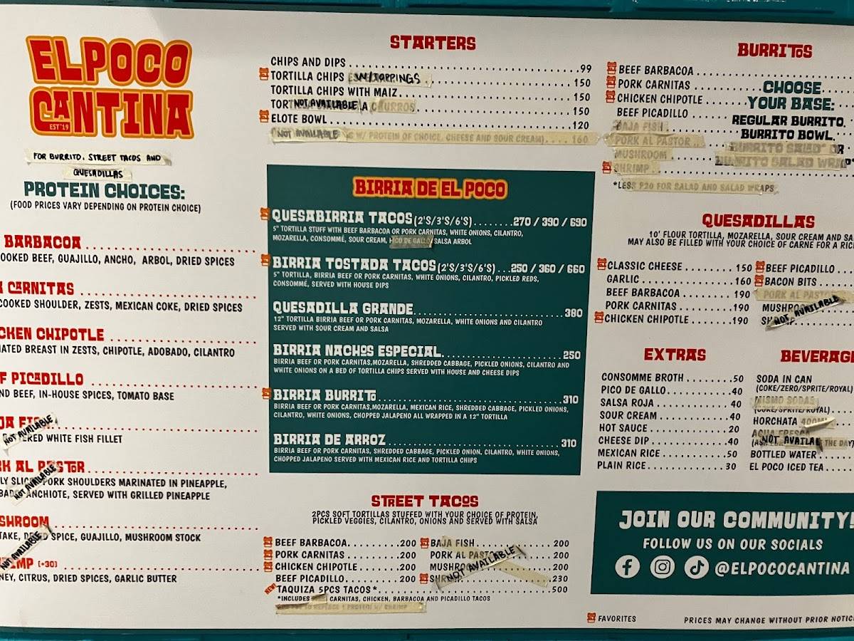 Menu at El Poco Cantina restaurant, Manila