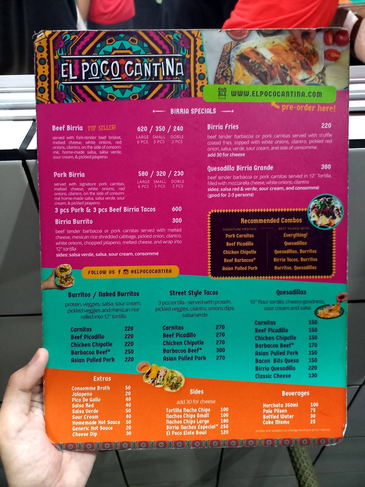 Menu at El Poco Cantina restaurant, Manila