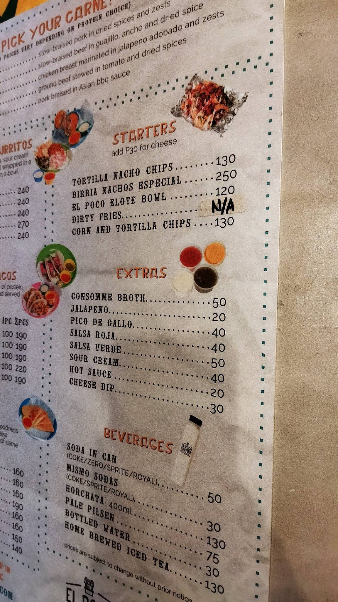 Menu at El Poco Cantina restaurant, Manila