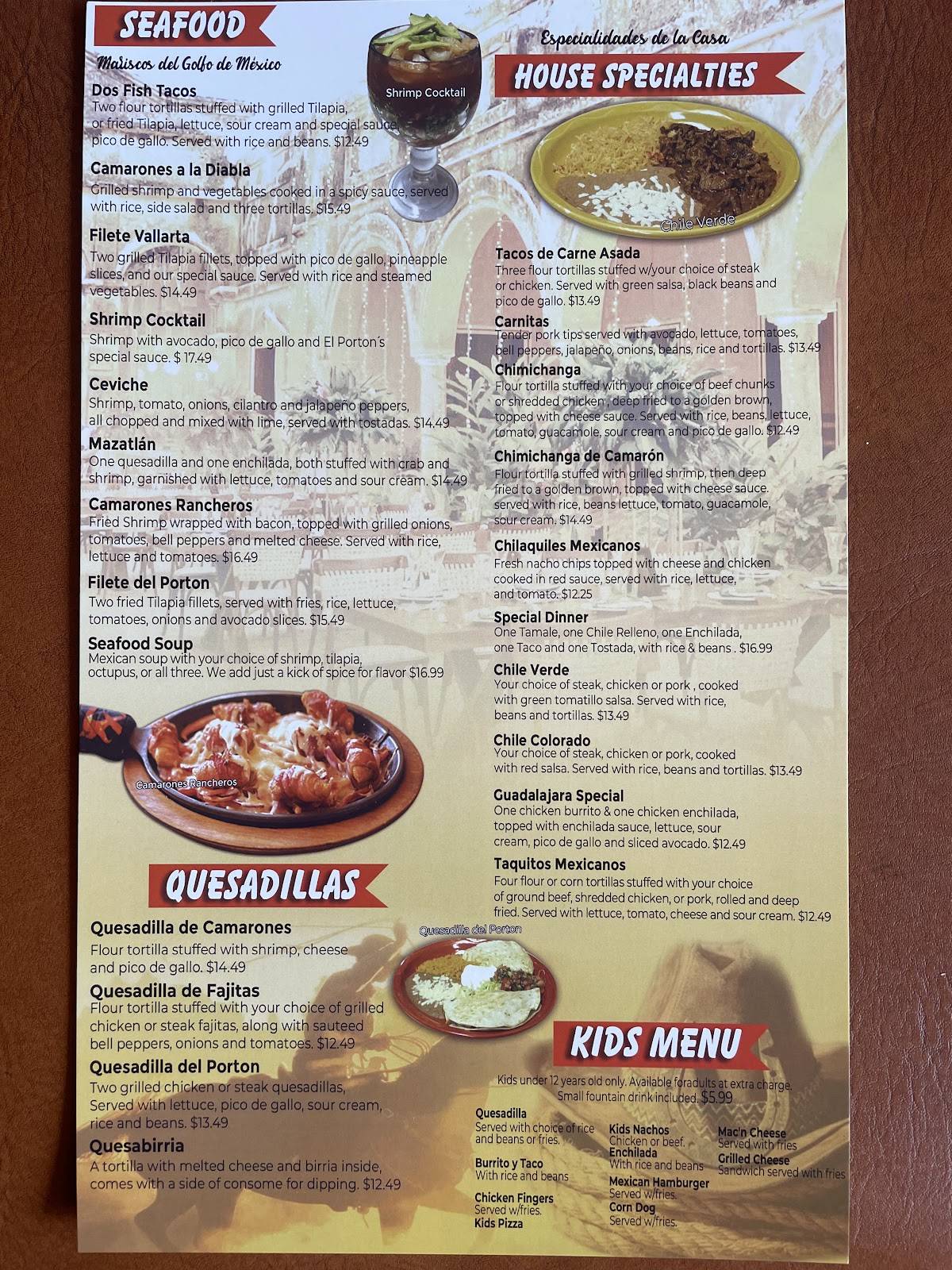 Menu at El Porton Mexican Grill restaurant, Shenandoah