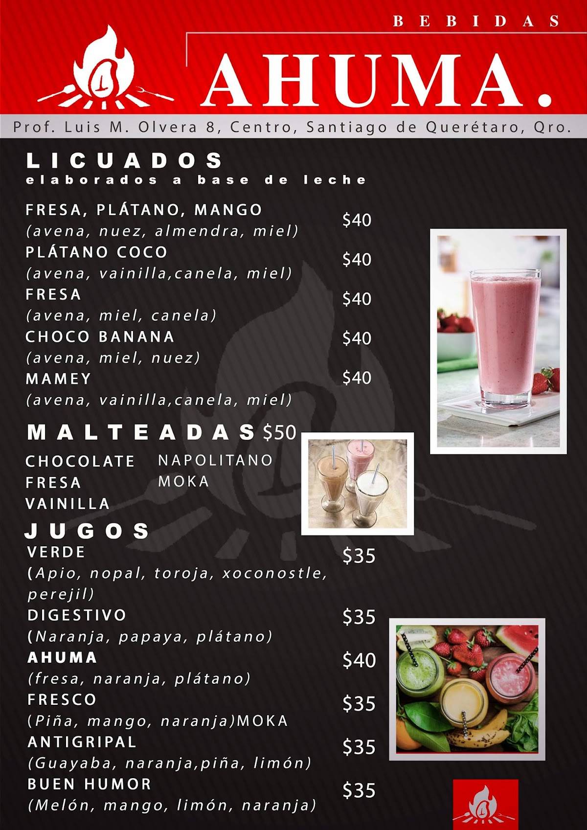 Carta del restaurante Ahuma, Santiago del Querétaro