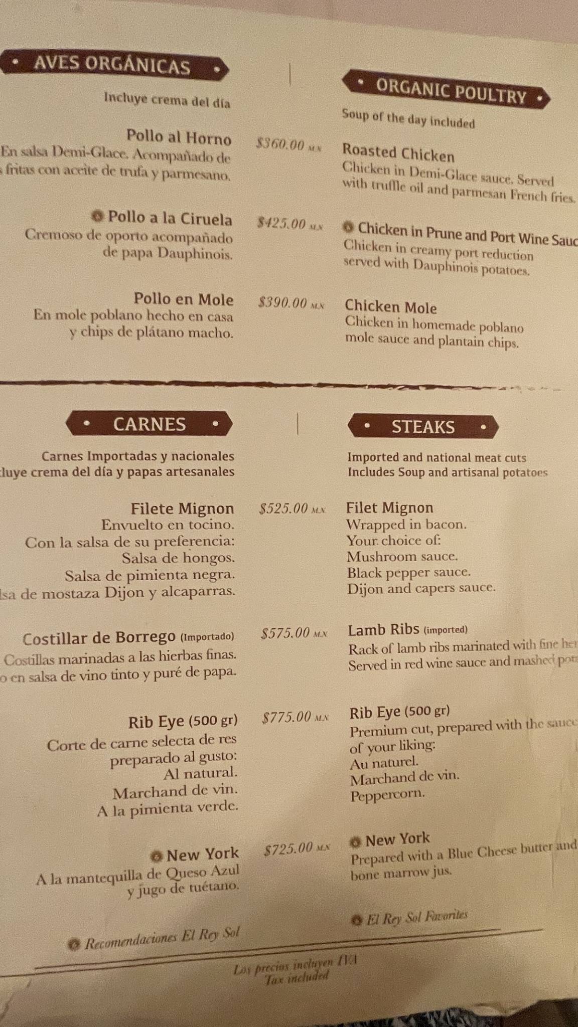 Carta de Restaurant El Rey Sol, Ensenada