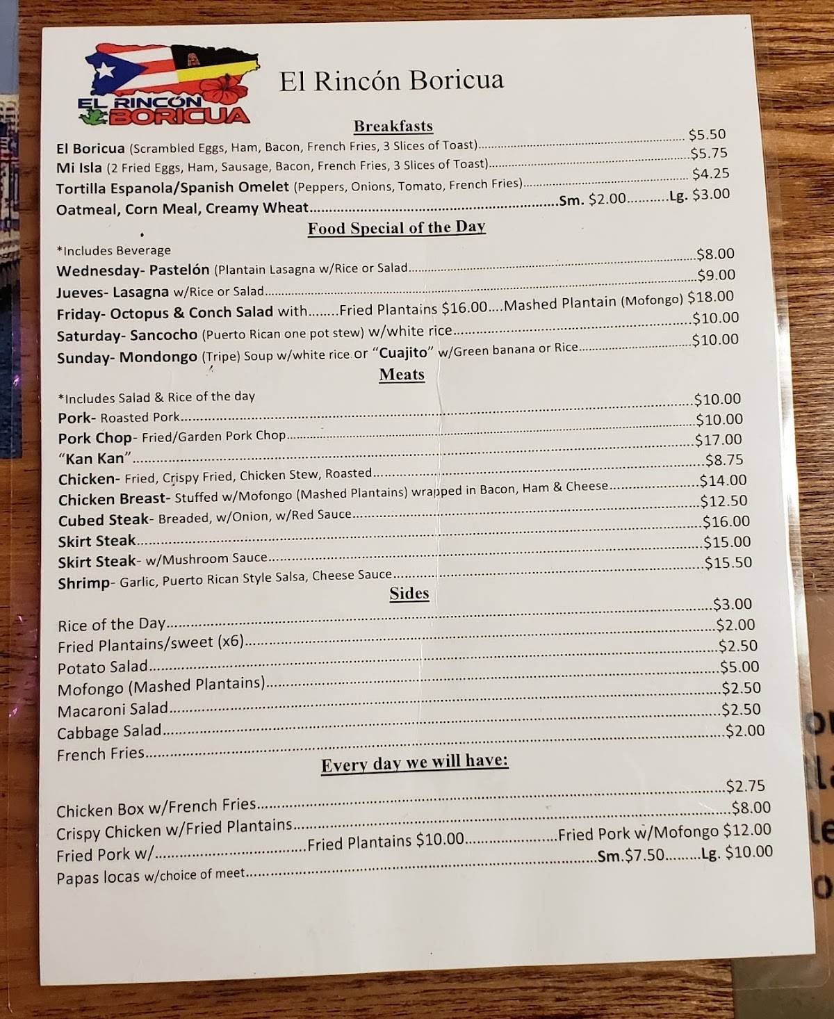 Menu at El Rincón Latino Restaurant, Meriden