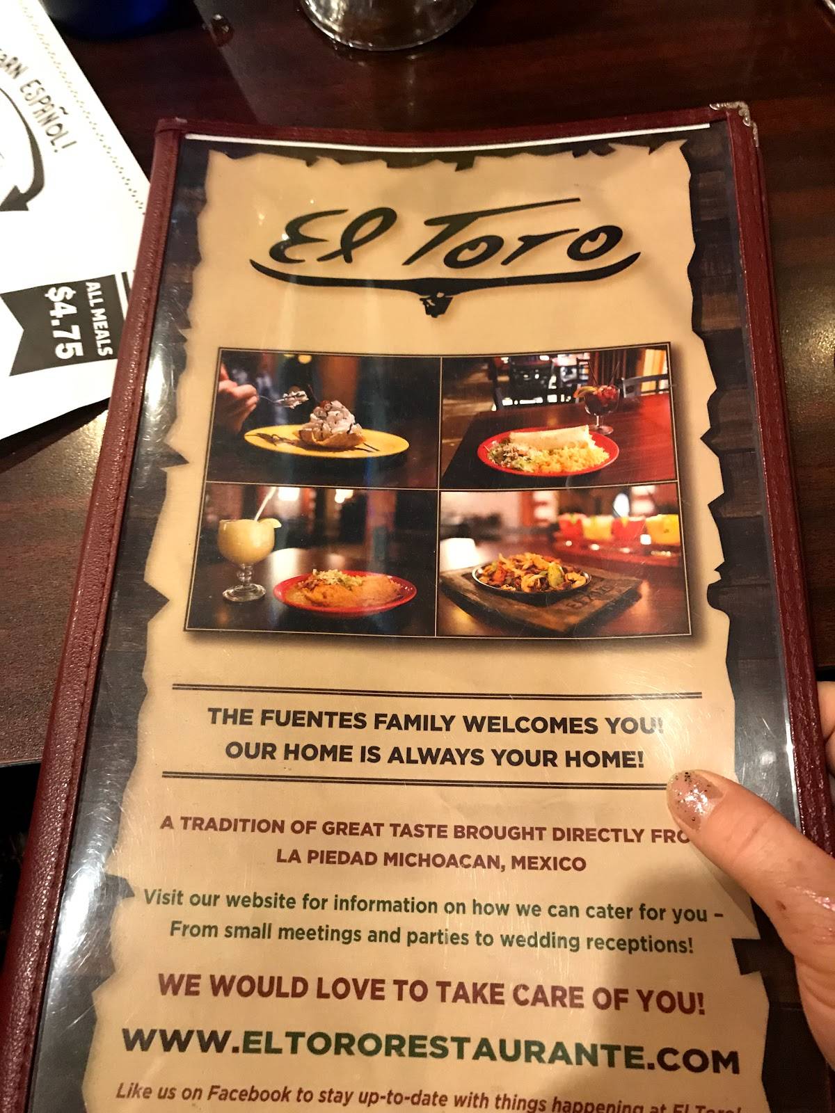Menu at El Toro restaurant, Champaign, 1005 S Neil St