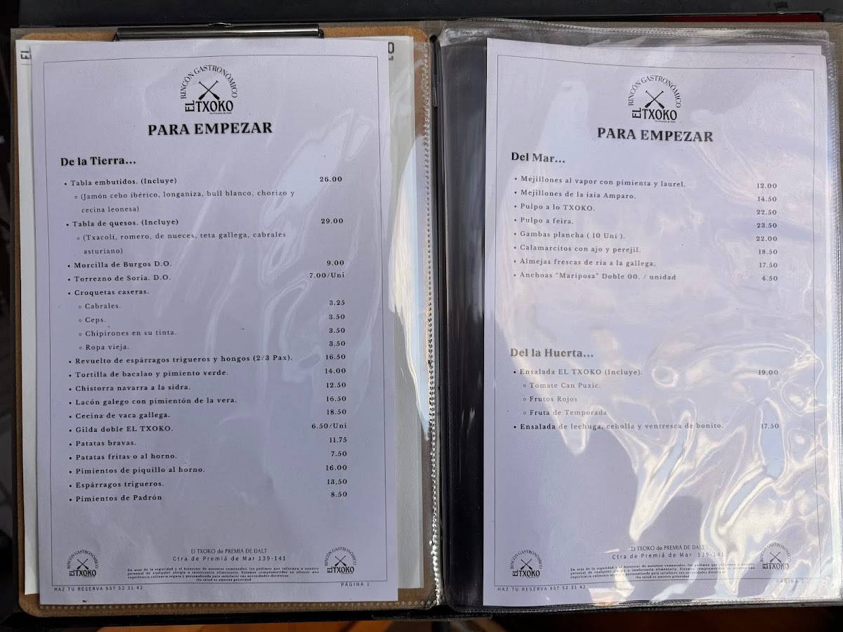 Carta del restaurante El Txoko del Premià del Dalt, Premià del Dalt