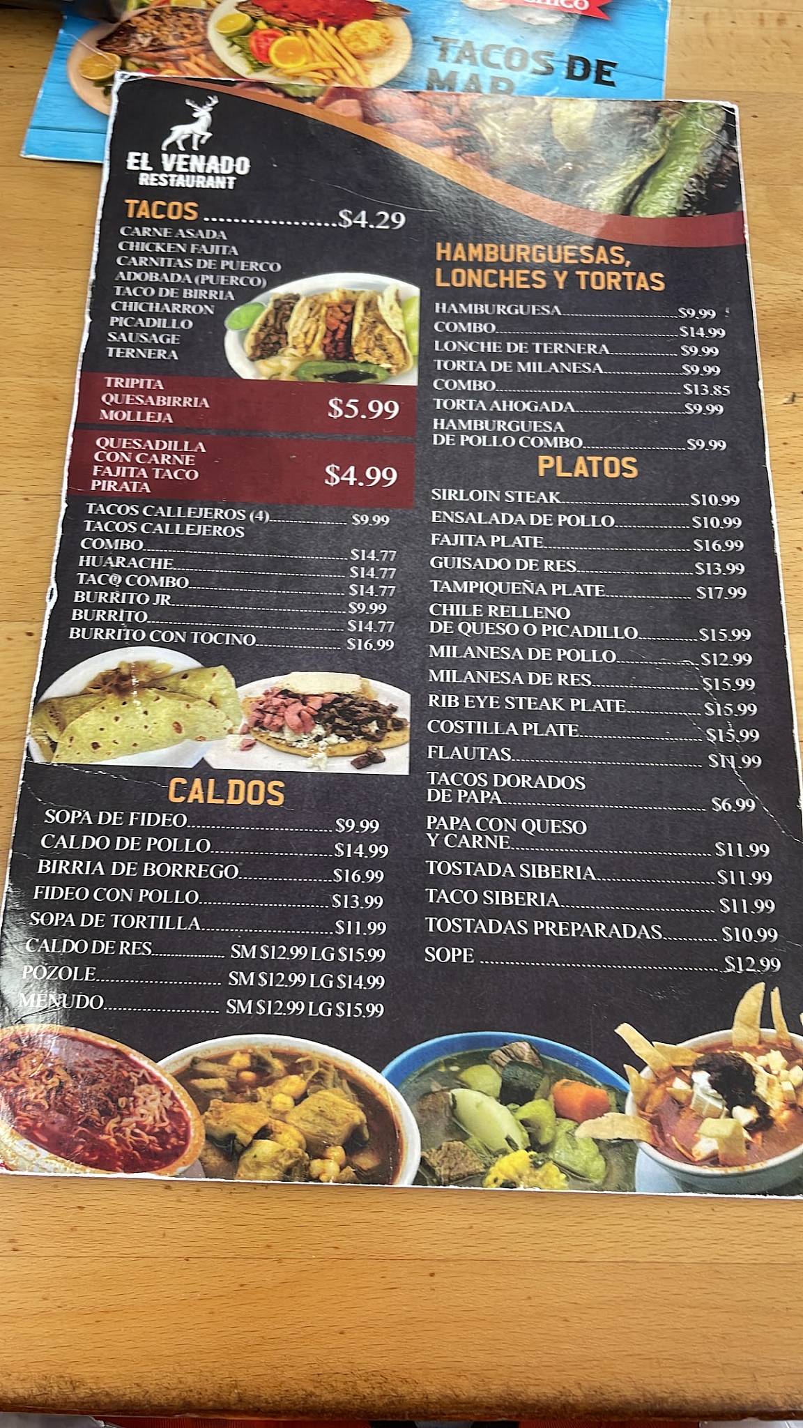 Carta de El Venado Restaurant, Laredo, San Dario Ave