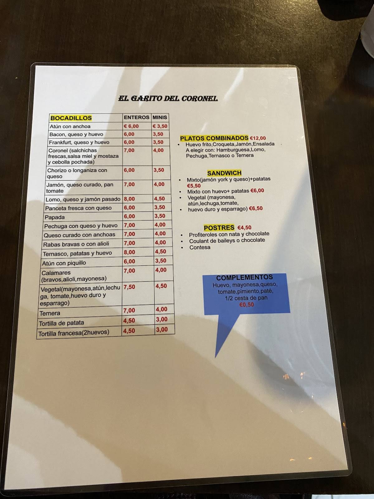 Carta del pub y bar El garito del coronel, Cuarte del Huerva