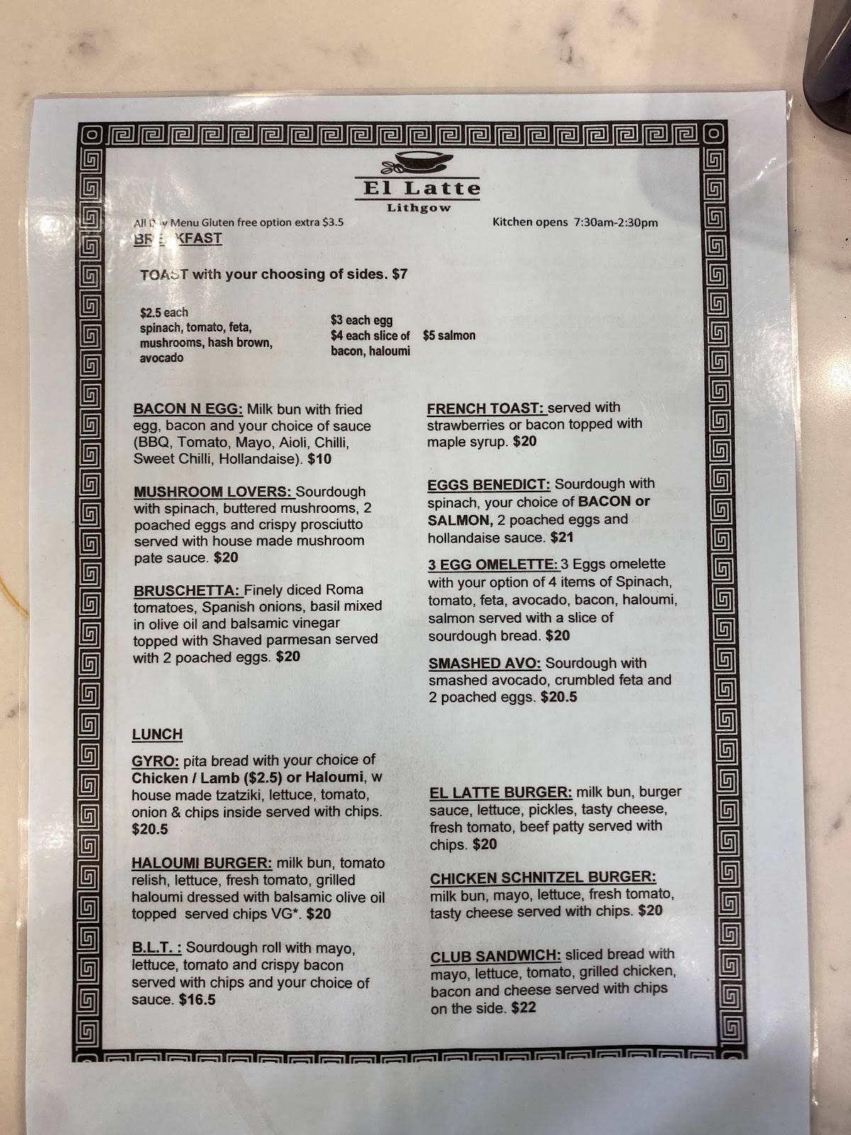 Menu at El latte lithgow cafe, Lithgow