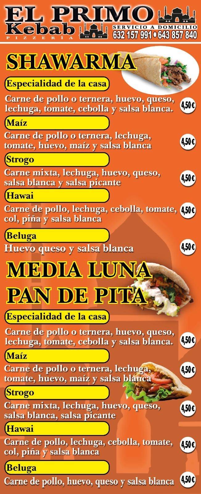 Menu at El primo kebab restaurant, Salobreña
