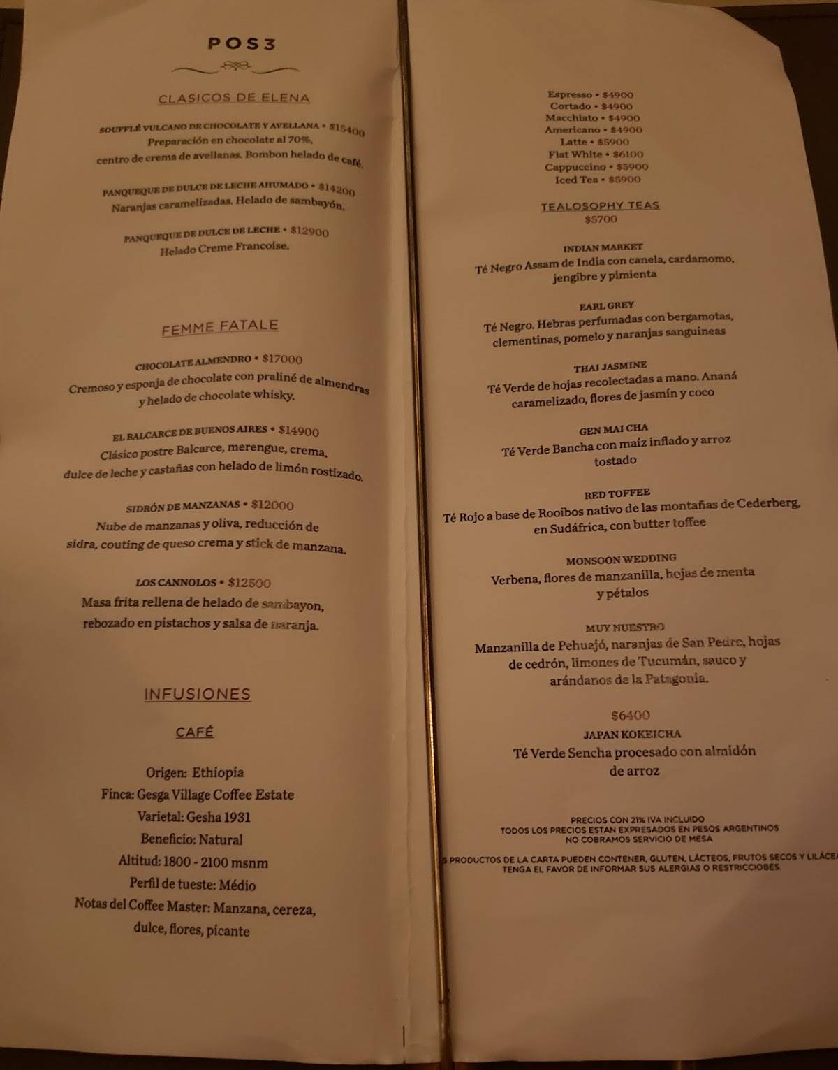 Menu at Elena restaurant, Buenos Aires, /88 Posadas