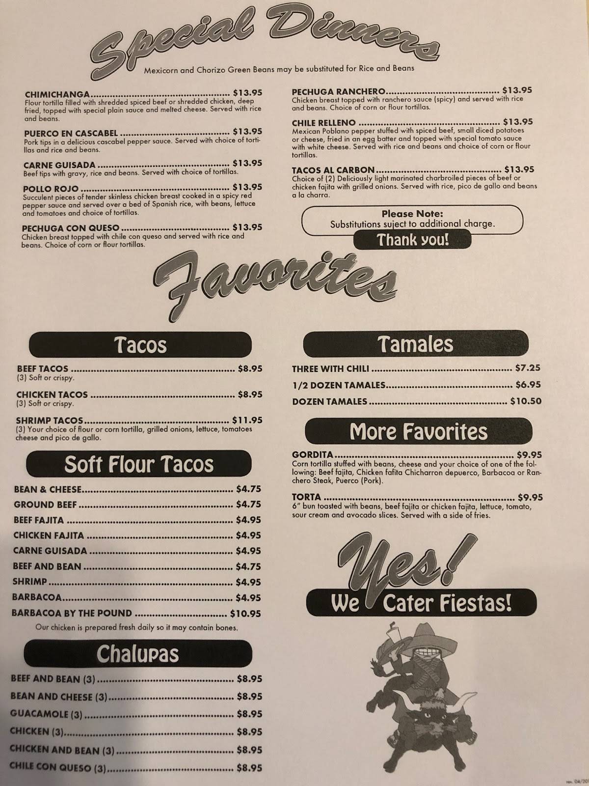 Menu at Elena's Mexican Restaurant, Beaumont, College St