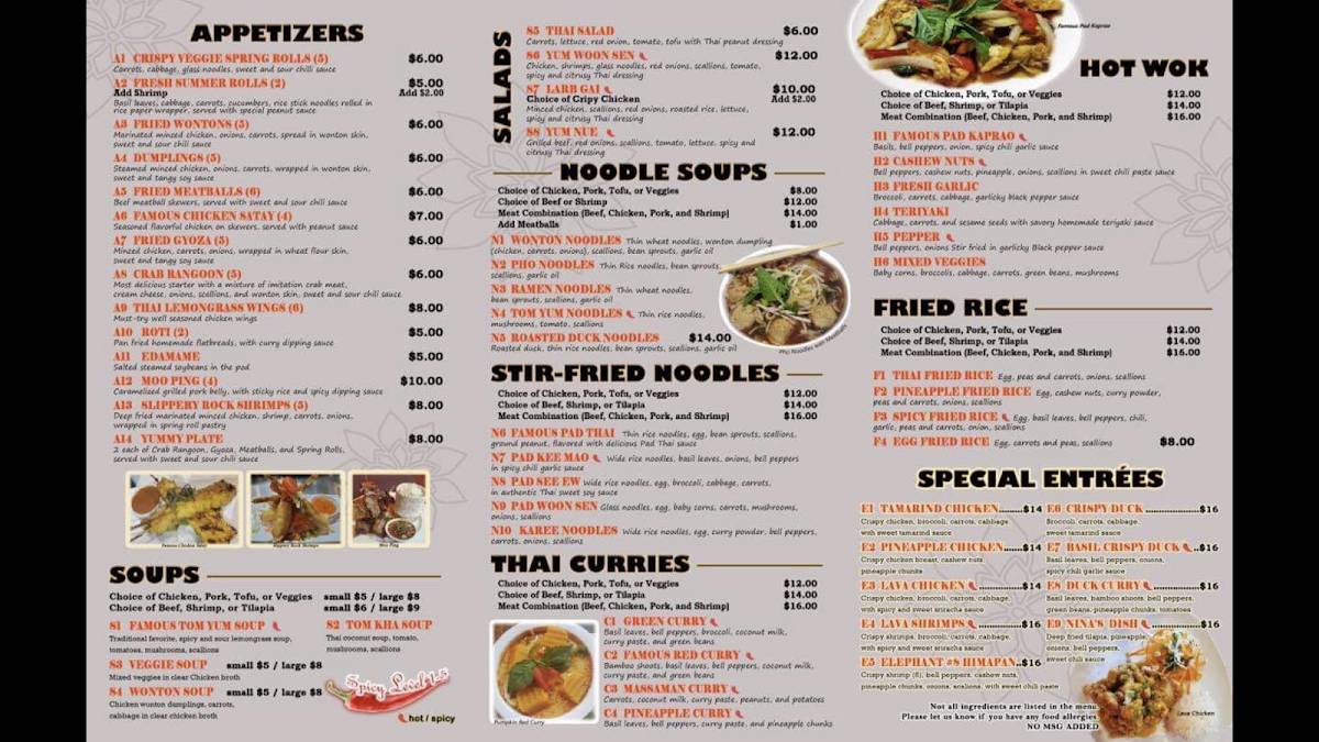 Menu at Elephant #8 Thai Taste restaurant, Slippery Rock