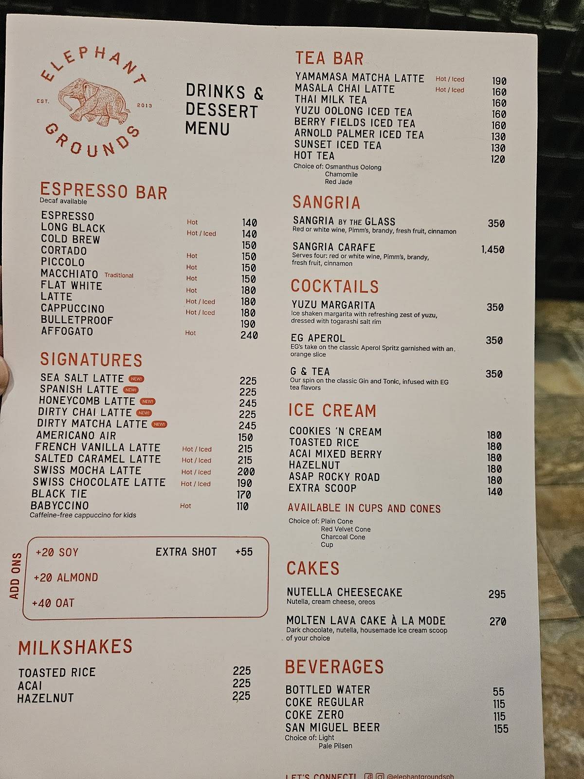Carta del café Elephant Grounds Manila - BGC, Taguig