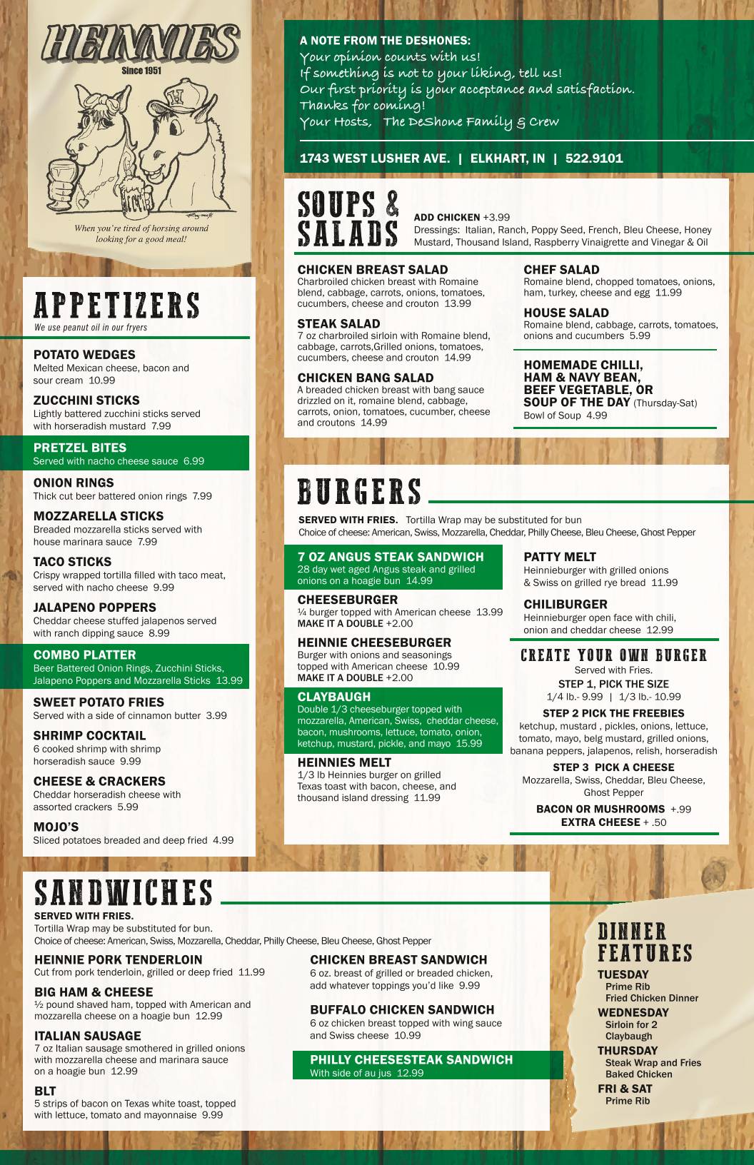 Menu at Heinnies steakhouse, Elkhart