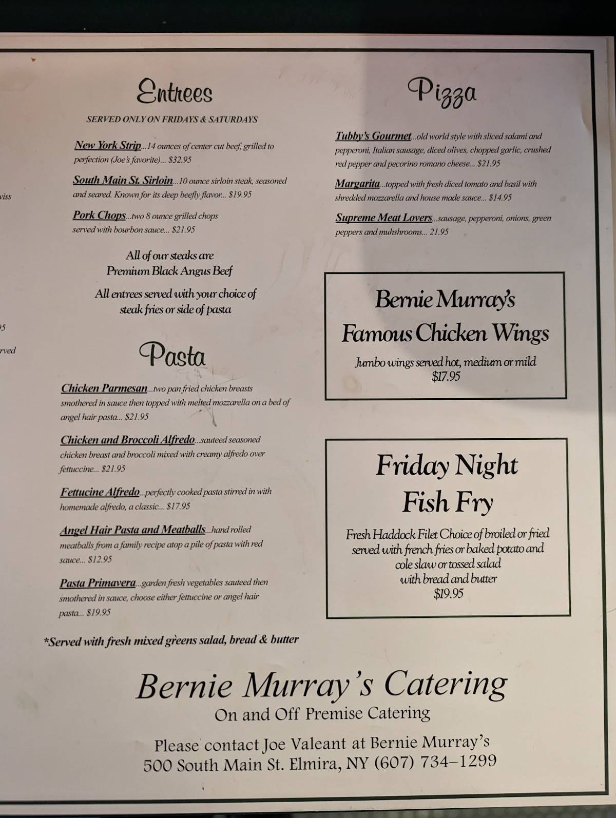 Menu at Bernie Murray's restaurant, Elmira