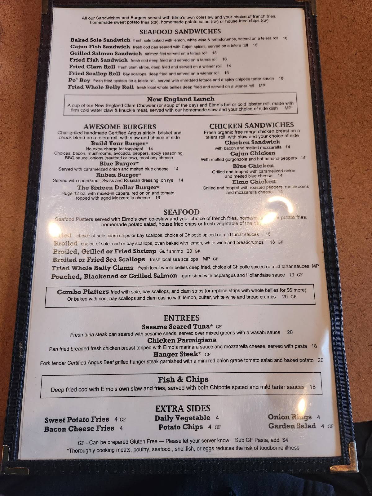 Menu at Elmo's Dockside restaurant, Vernon
