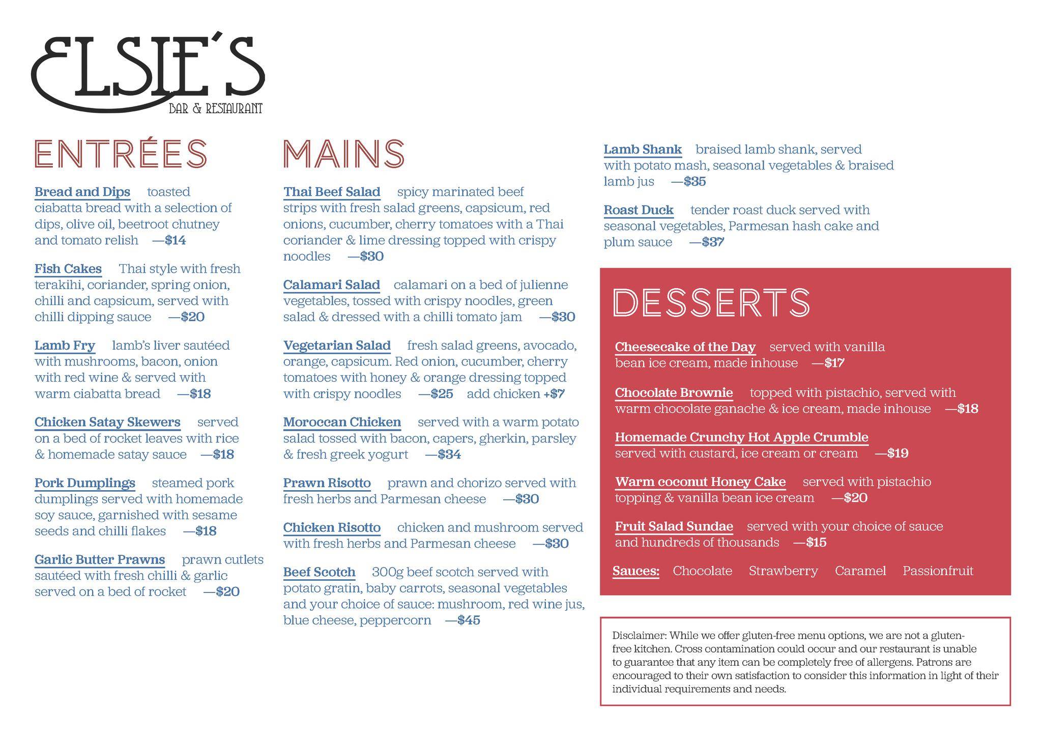 Menu at Elsie's Restaurant & Bar, Tuakau