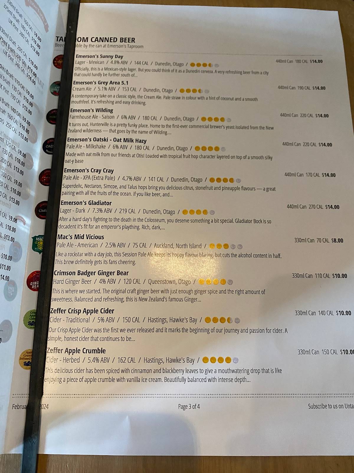 Menu at Emerson's Brewery pub & bar, Dunedin