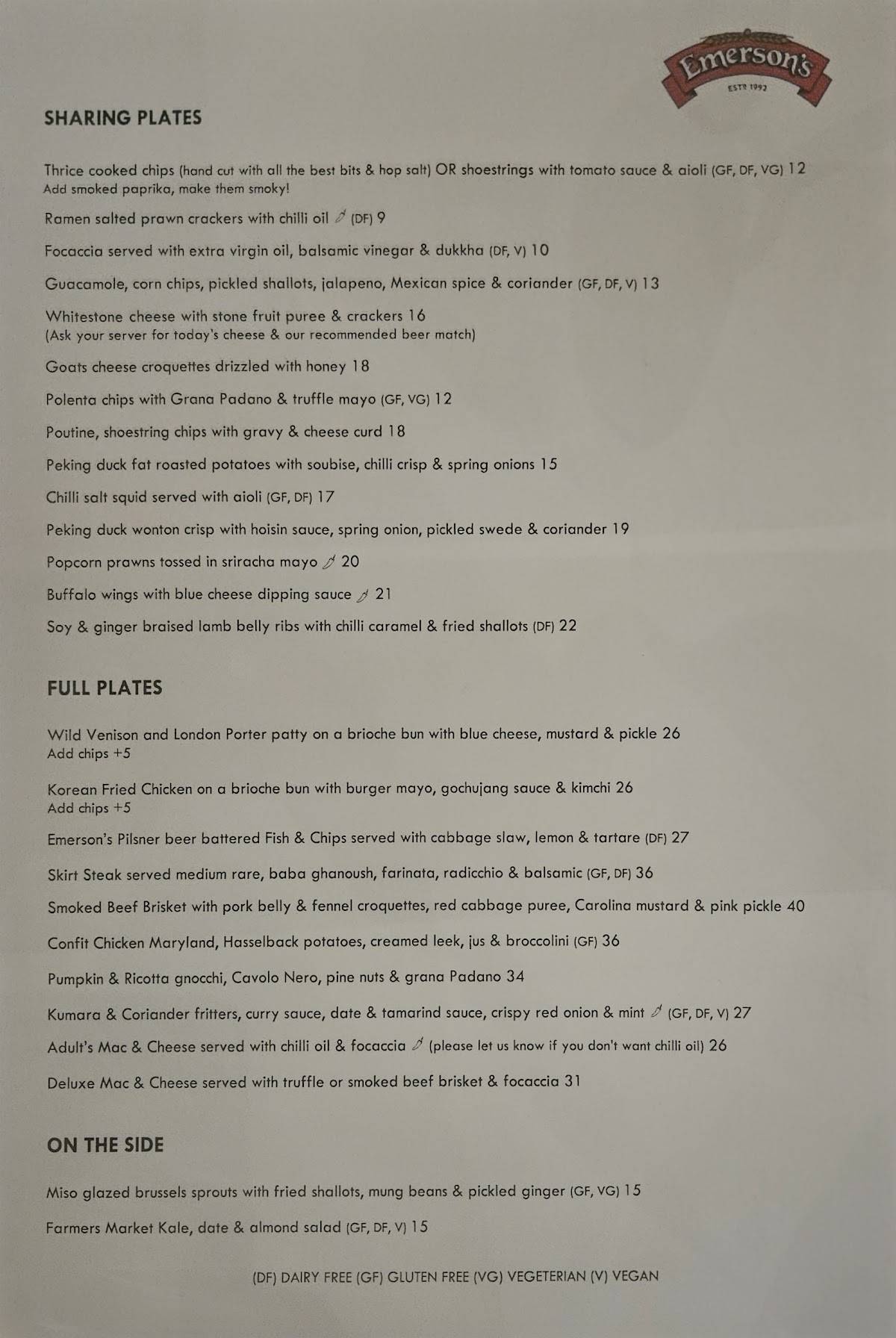 Menu at Emerson's Brewery pub & bar, Dunedin