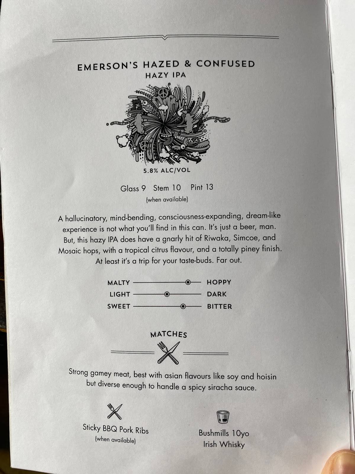 Menu at Emerson's Brewery pub & bar, Dunedin