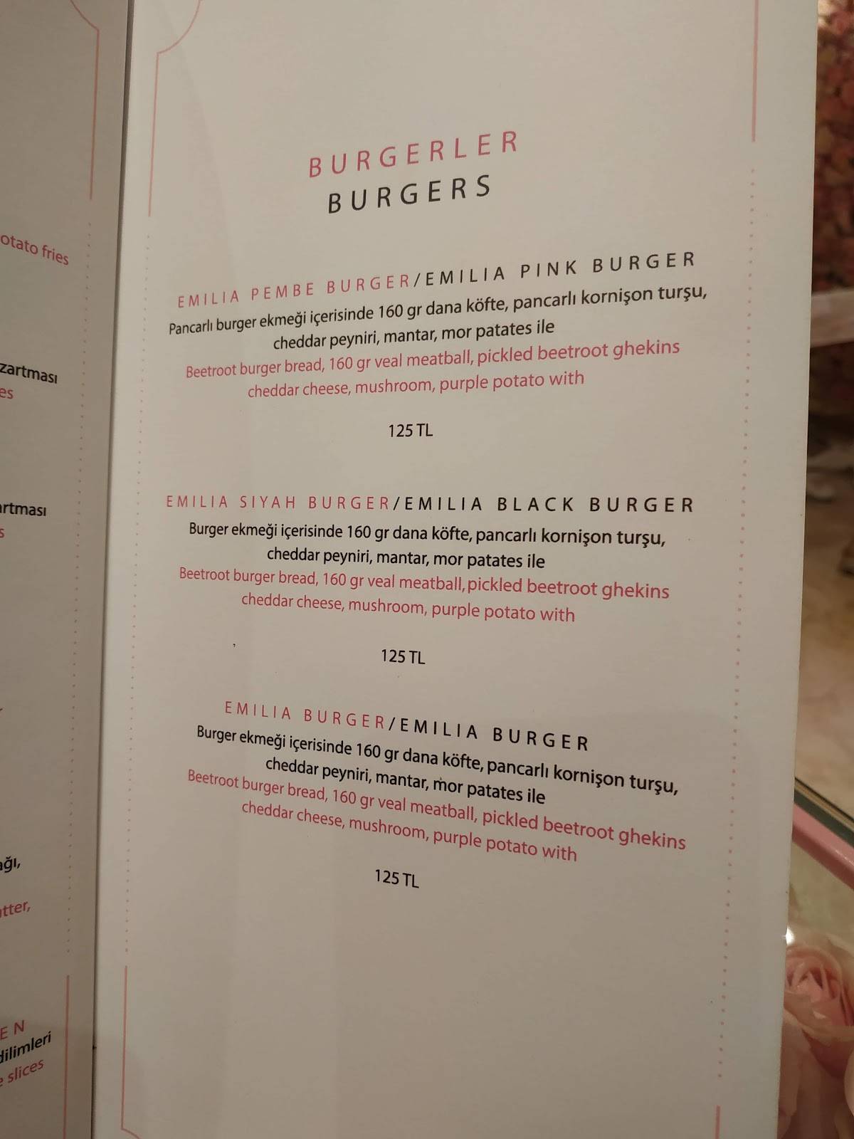 Carta de Emilia Cafe, Estambul, Mücahit Sk. no:402/B