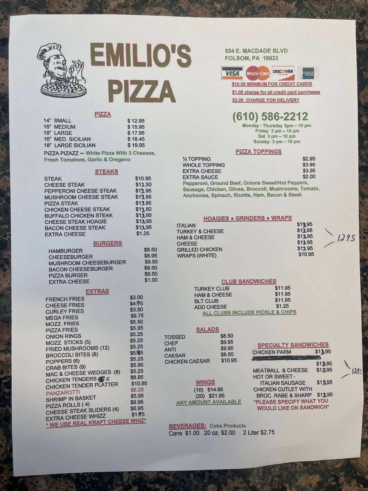 Menu at Emilio's Pizza pizzeria, Folsom, 554 MacDade Boulevard