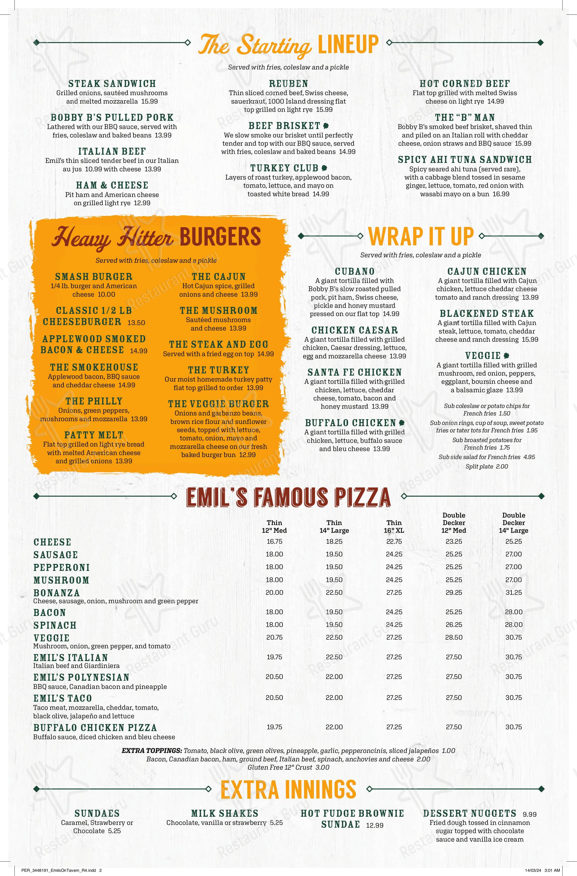 Menu at Emil's Tavern on Center pub & bar, Grayslake
