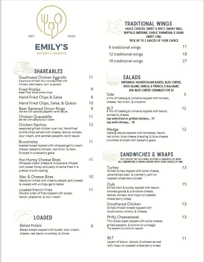 Menu at Emily's Eatery & Events restaurant, Dowell