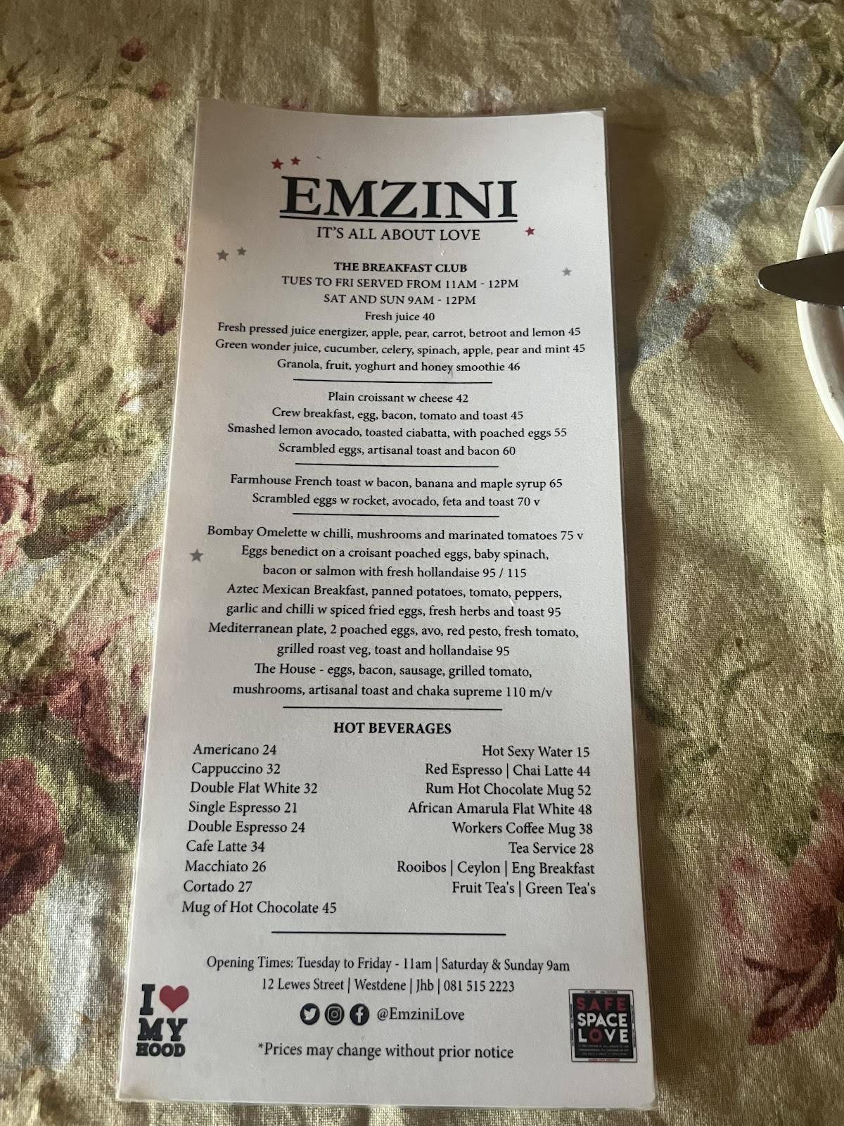 Menu at Emzini Restaurant, Johannesburg