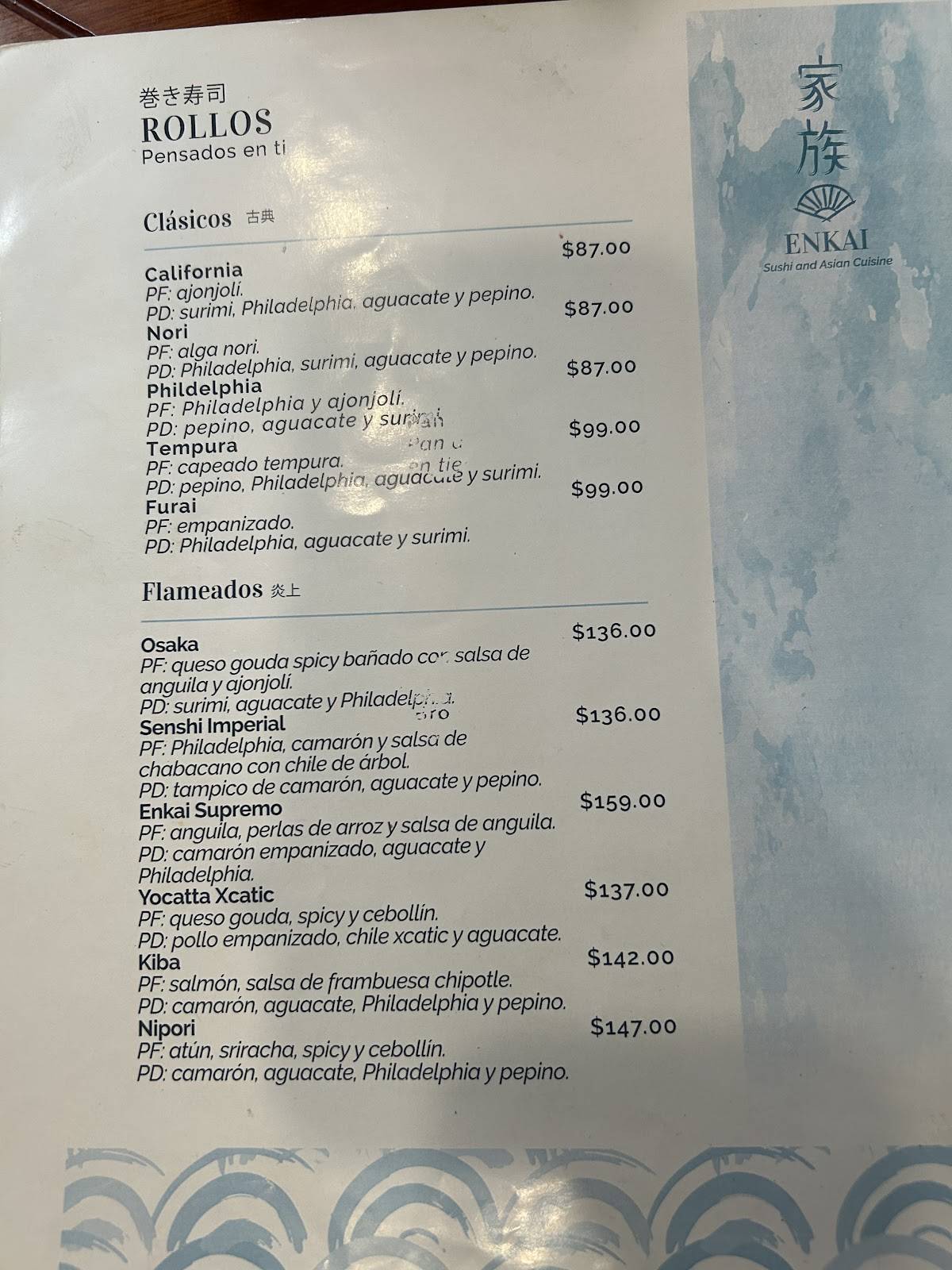 Carta del restaurante Enkai Sushi, Coatzacoalcos, Av. Niños Heroes 1801