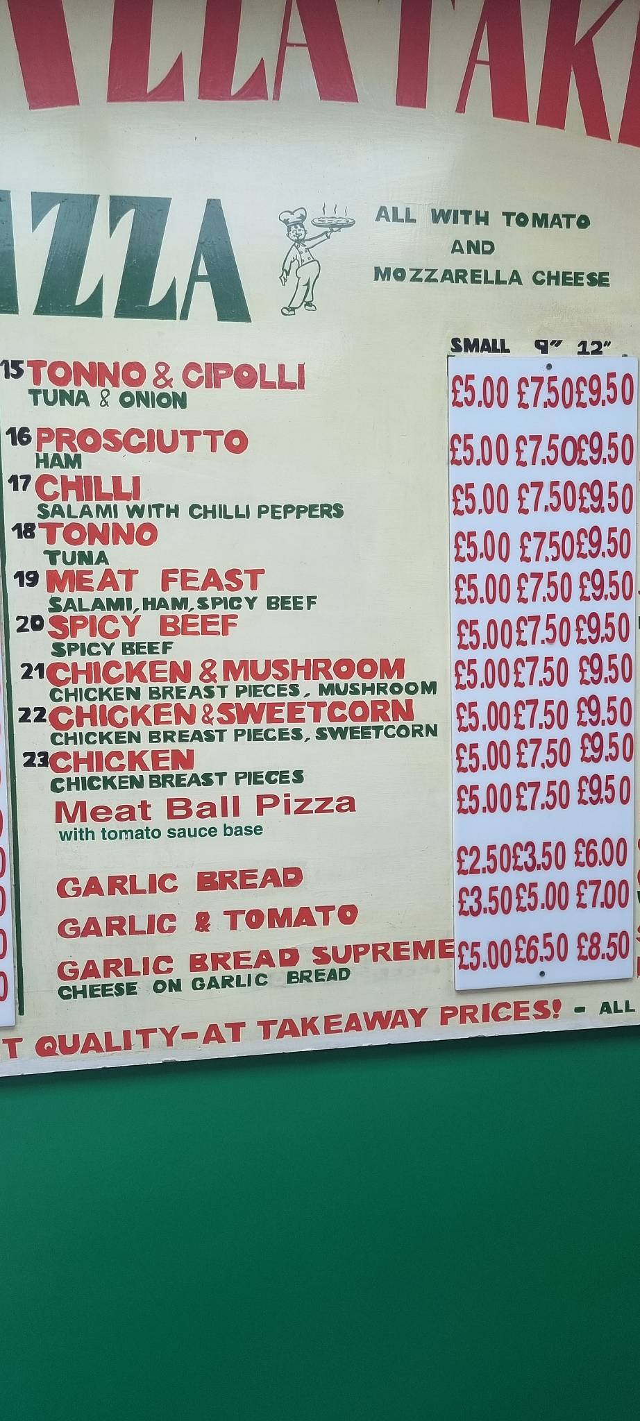 Menu at Enzo's fast food, Burnley