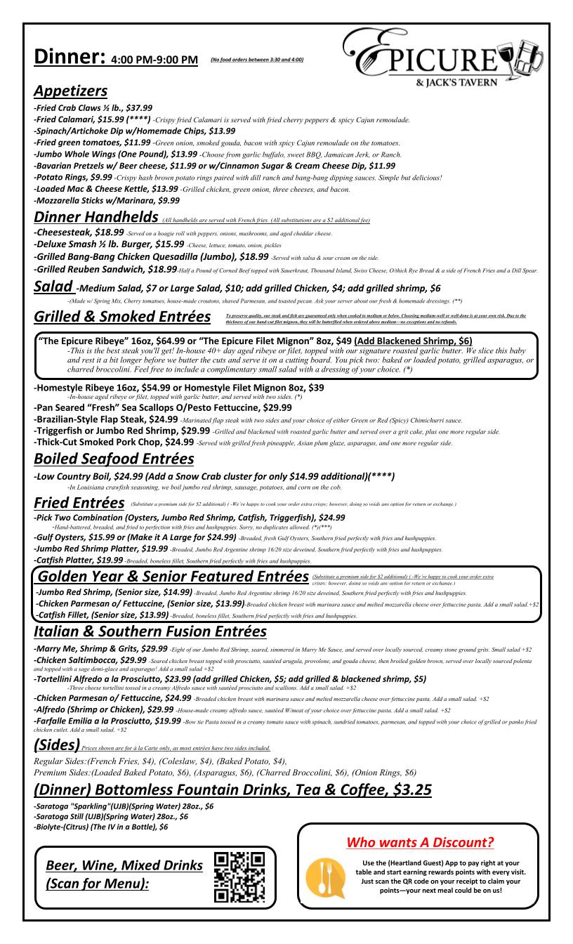 Menu at Epicure and Jacks Tavern pub & bar, Millbrook