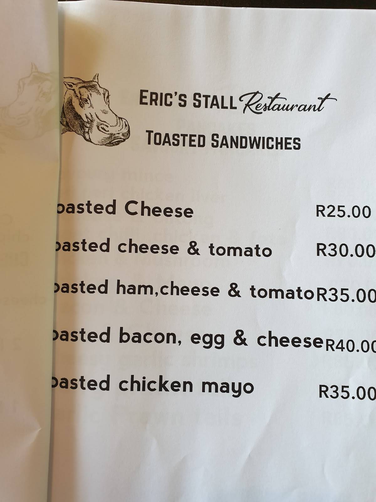 Menu at Eric's Stall Restaurant, South Africa