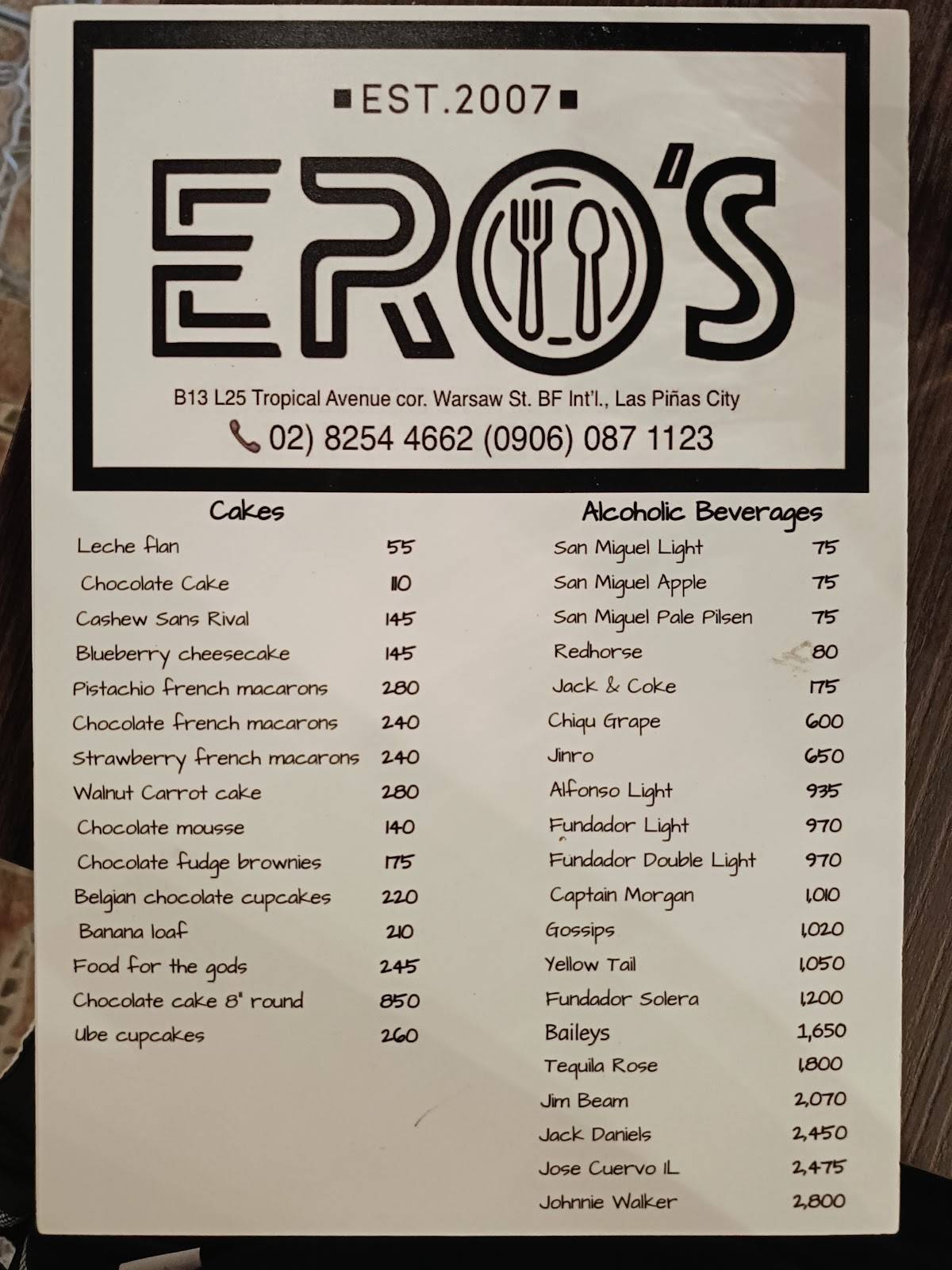 Menu at Ero's Restaurant, Las Pinas