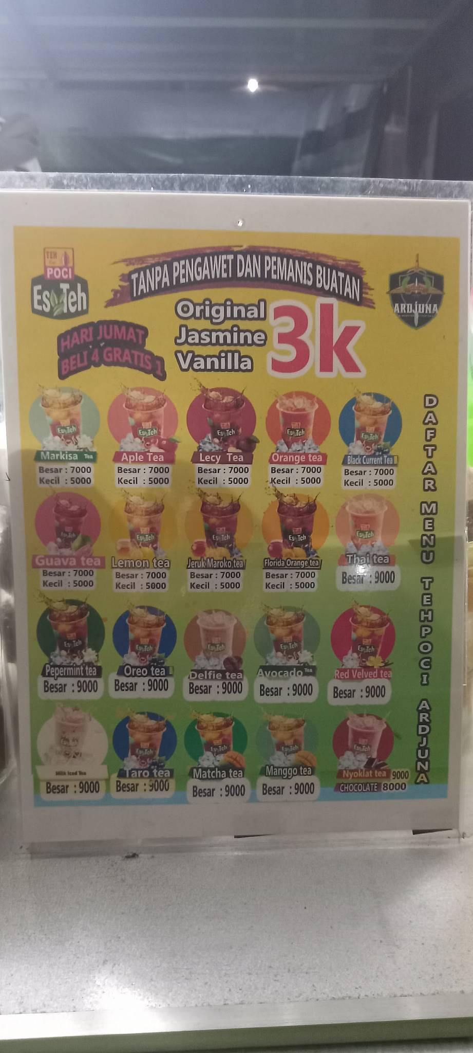 Menu at Es Teh Jumbo Ardjuna cafeteria, Indonesia